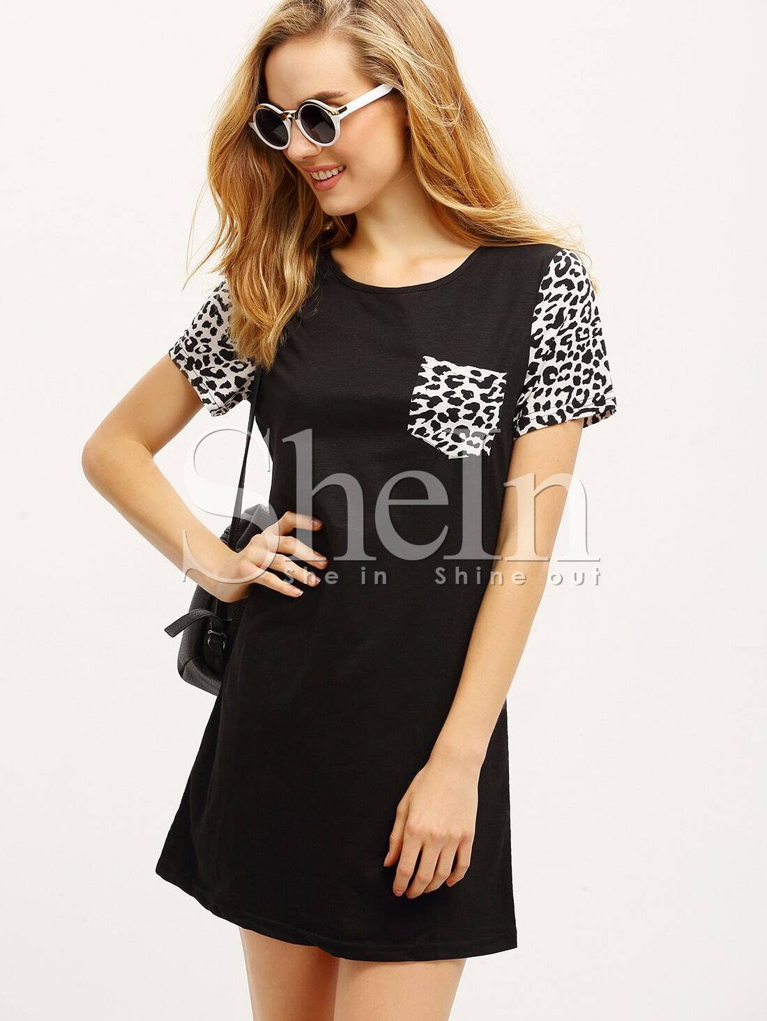 Black Raglan Short Sleeve Leopard Print T Shirt Dress Shein Sheinside