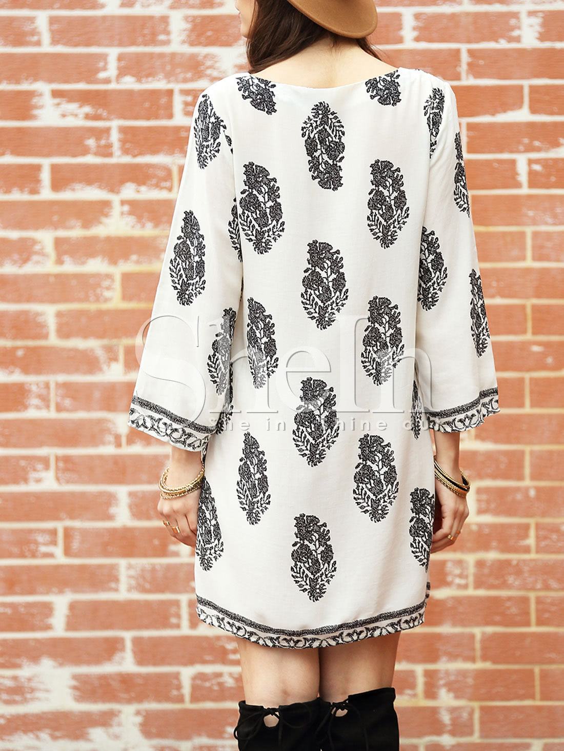 Long Sleeve Lacing Floral Print Dress Shein Sheinside