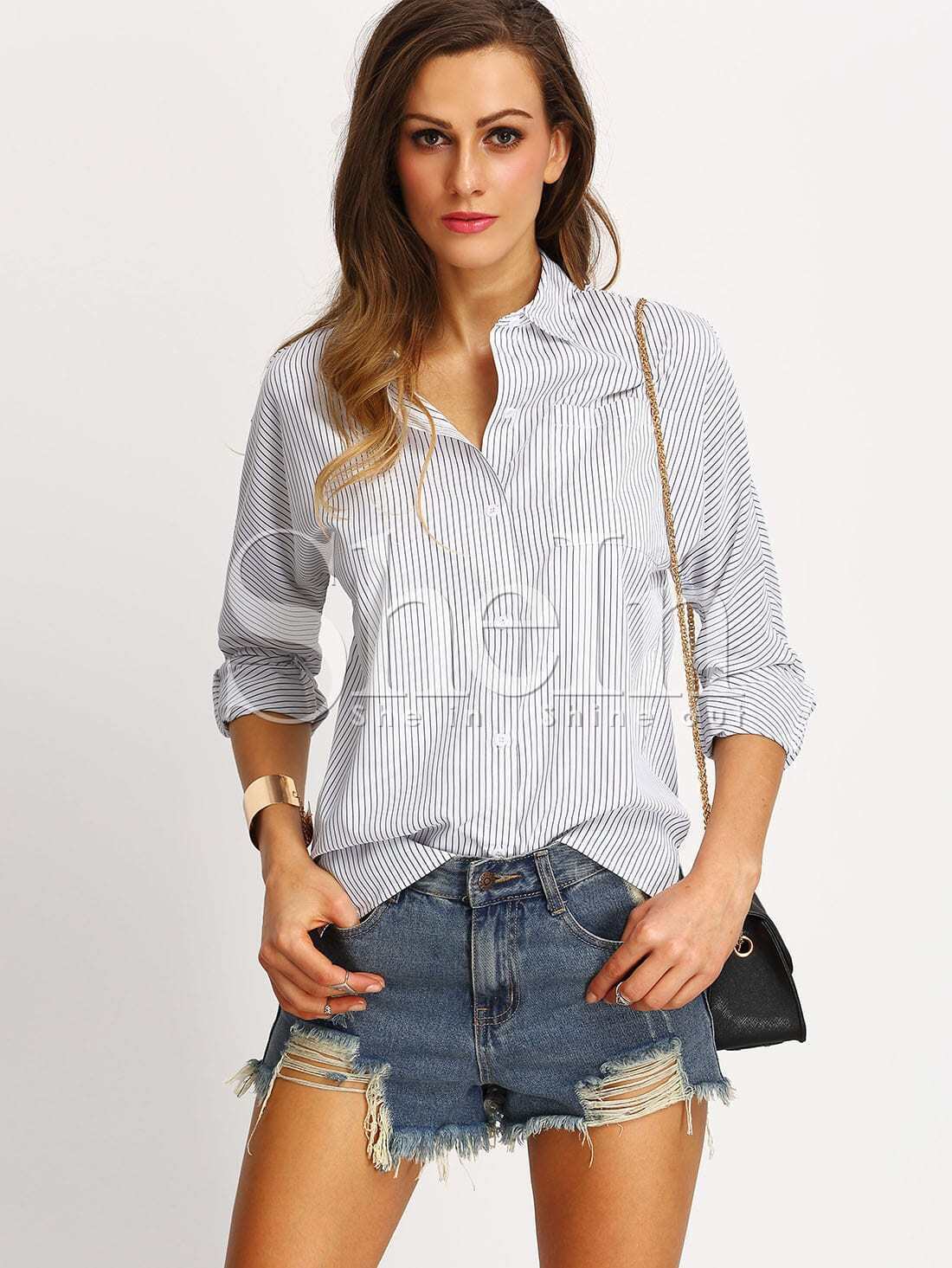 White Vertical Striped Pockets Blouse Shein Sheinside