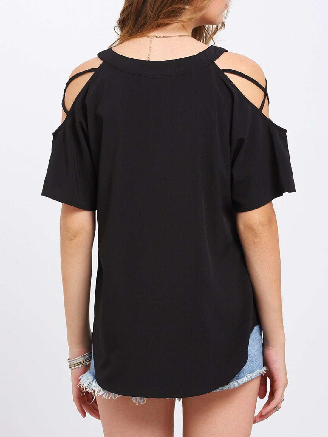 Black Crisscross Shoulder V Neck Blouse Shein Sheinside