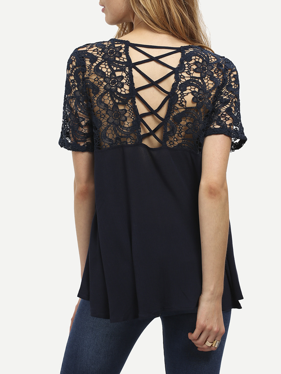 Lace Panel Criss Cross Back Blouse Shein Sheinside