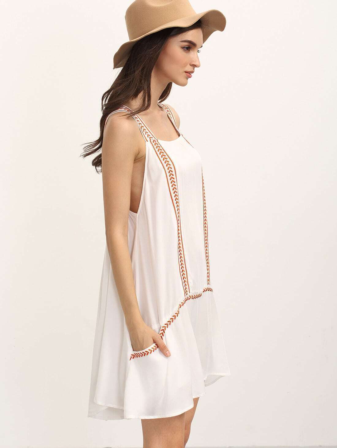 Beige Sleeveless Pockets Hollow Shift Dress Shein Sheinside