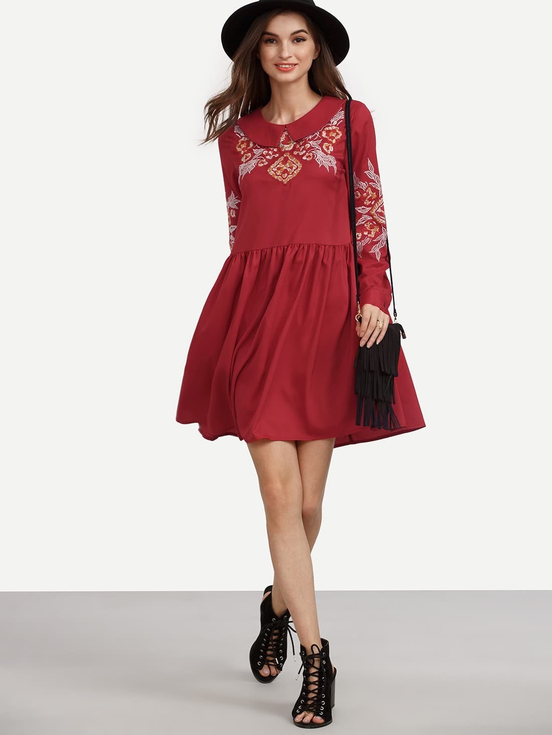 Red Crew Neck Floral Embroidered Dress Shein Sheinside