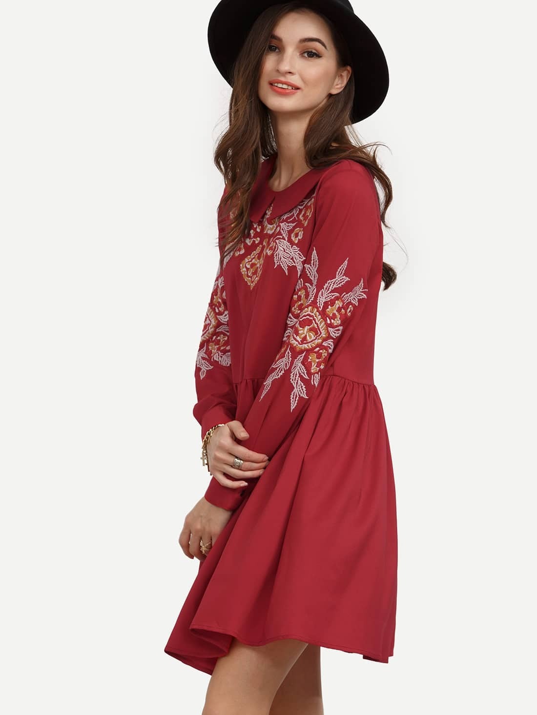 Red Crew Neck Floral Embroidered Dress Shein Sheinside