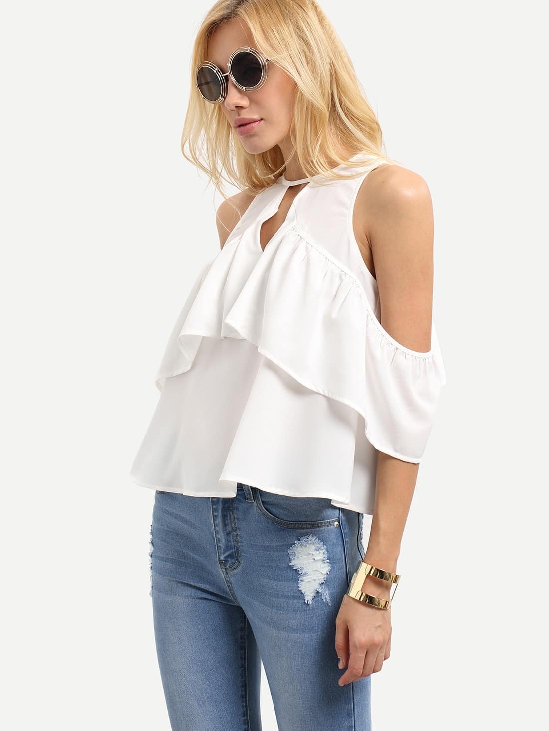White Cold Shoulder Ruffle Cutout Blouse Shein Sheinside