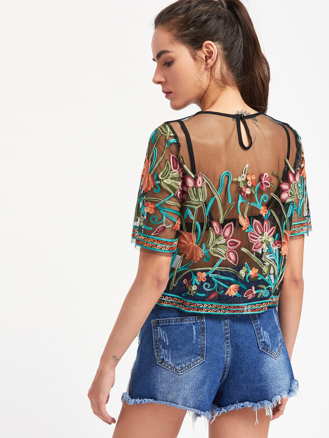 Buttoned Keyhole Botanical Embroidered Mesh Top Shein Sheinside