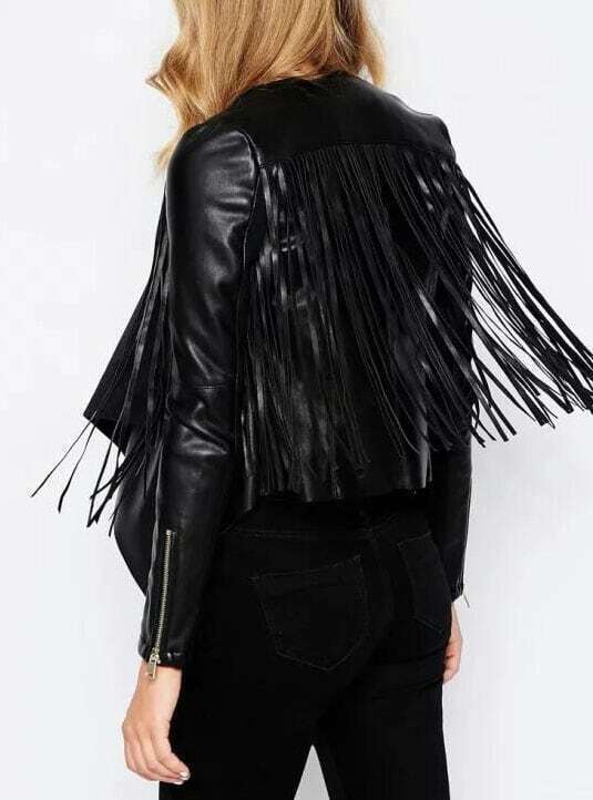 Black With Tassel Pu Jacket Shein Sheinside