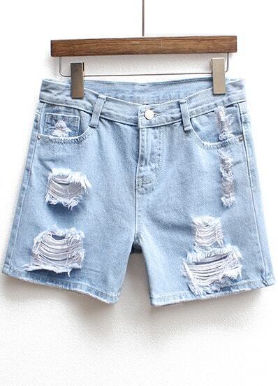 Blue Ripped Flange Denim Shorts Shein Sheinside