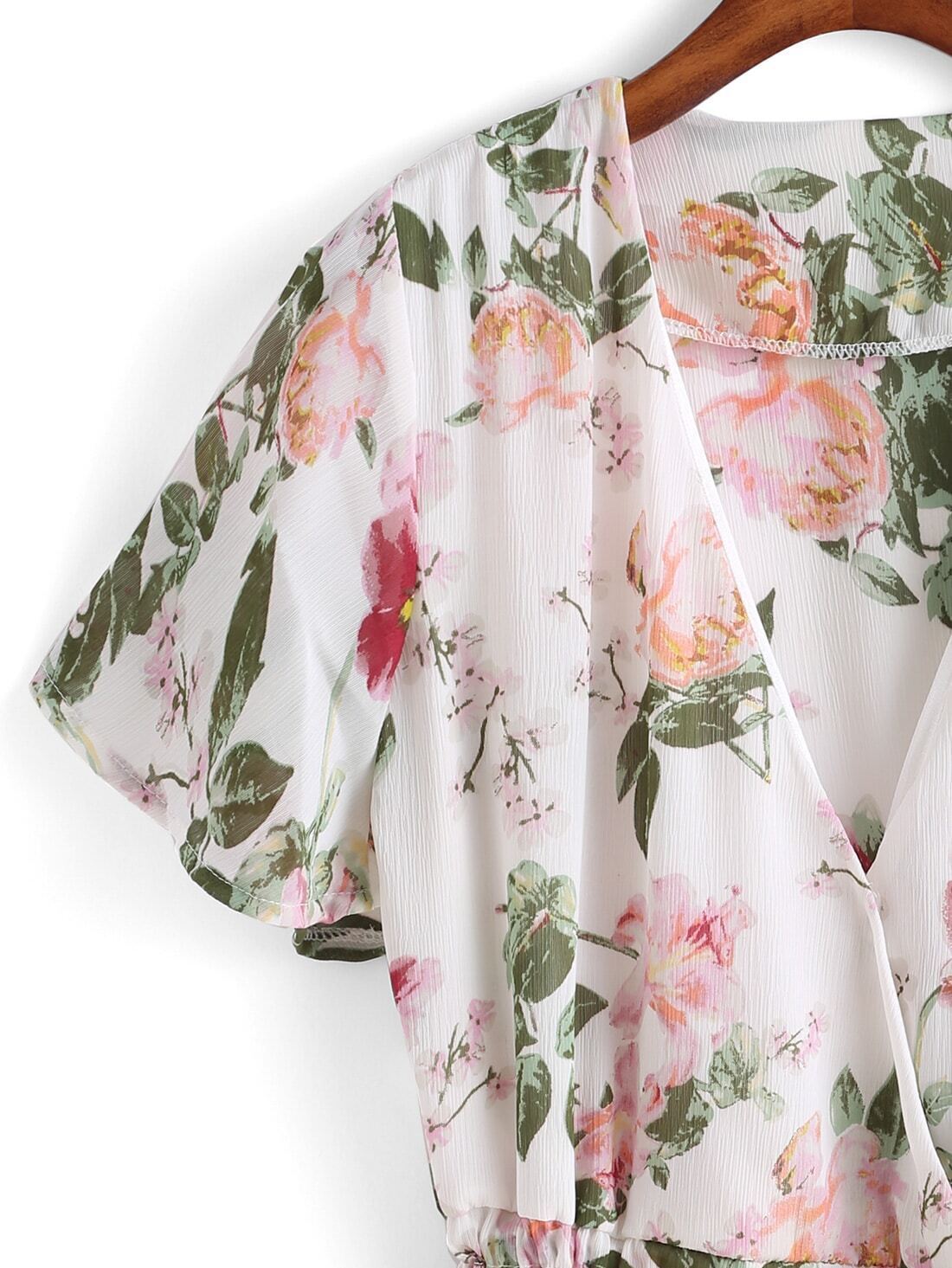 White V Neck Drawstring Waist Floral Jumpsuit Shein Sheinside