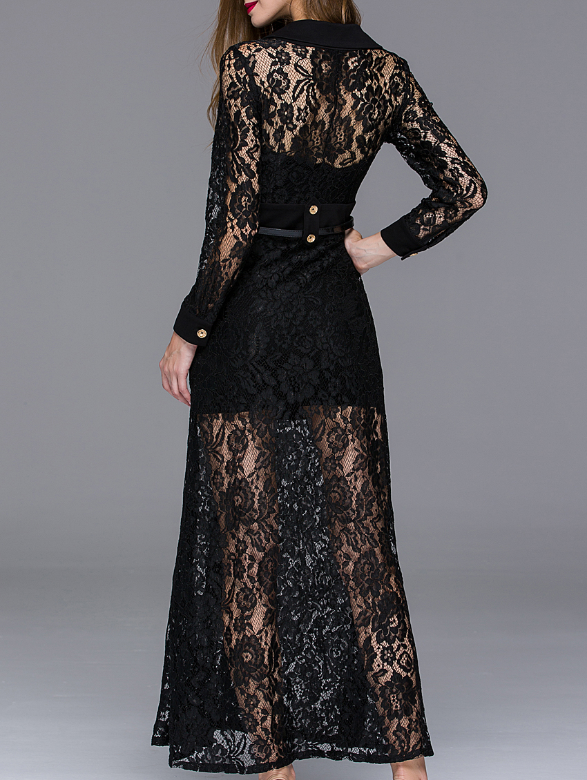 Black V Neck Long Sleeve Thigh Split Drawstring Lace Dress -shein