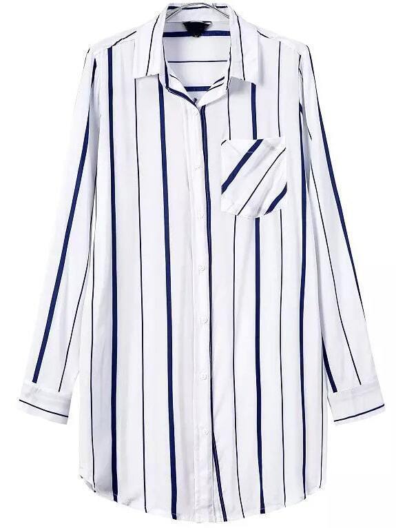 White Lapel Vertical Stripe Pocket Blouse Shein Sheinside