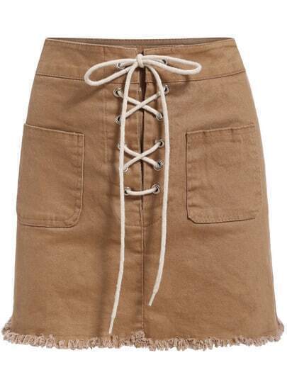 Khaki Bandage Fringe Denim Skirt Sheinsheinside