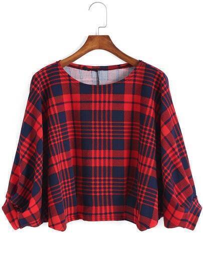 Red Blue Round Neck Plaid Checkered Crop Top Shein Sheinside