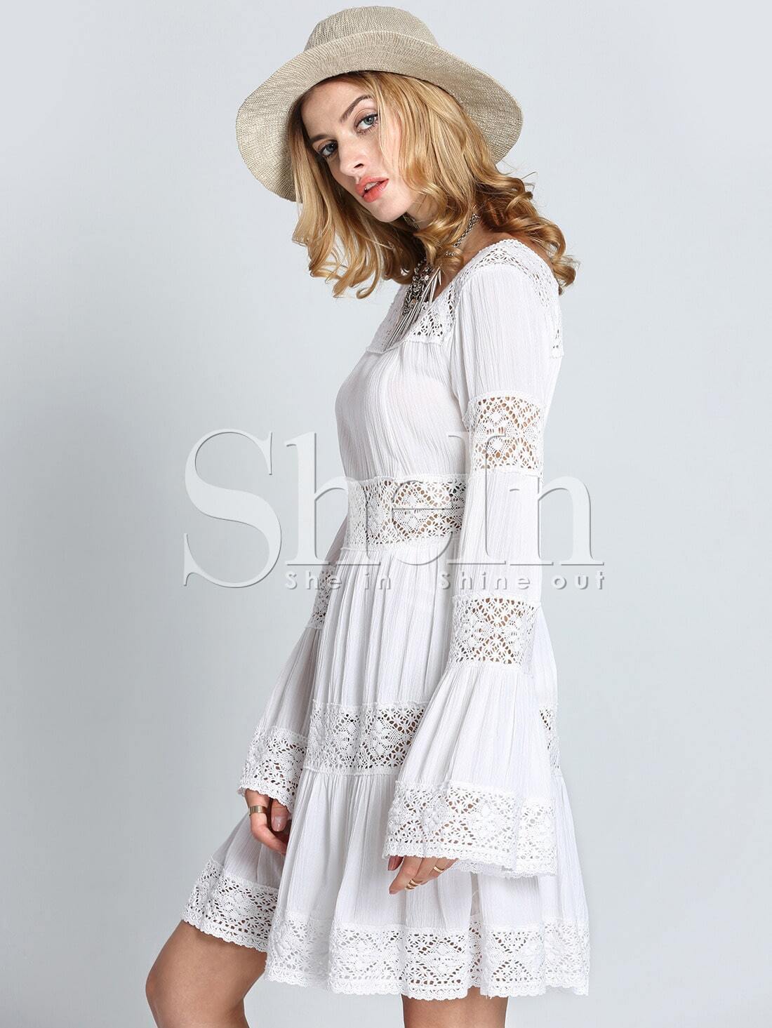 White Long Sleeve Crochet Lace Dress Shein Sheinside