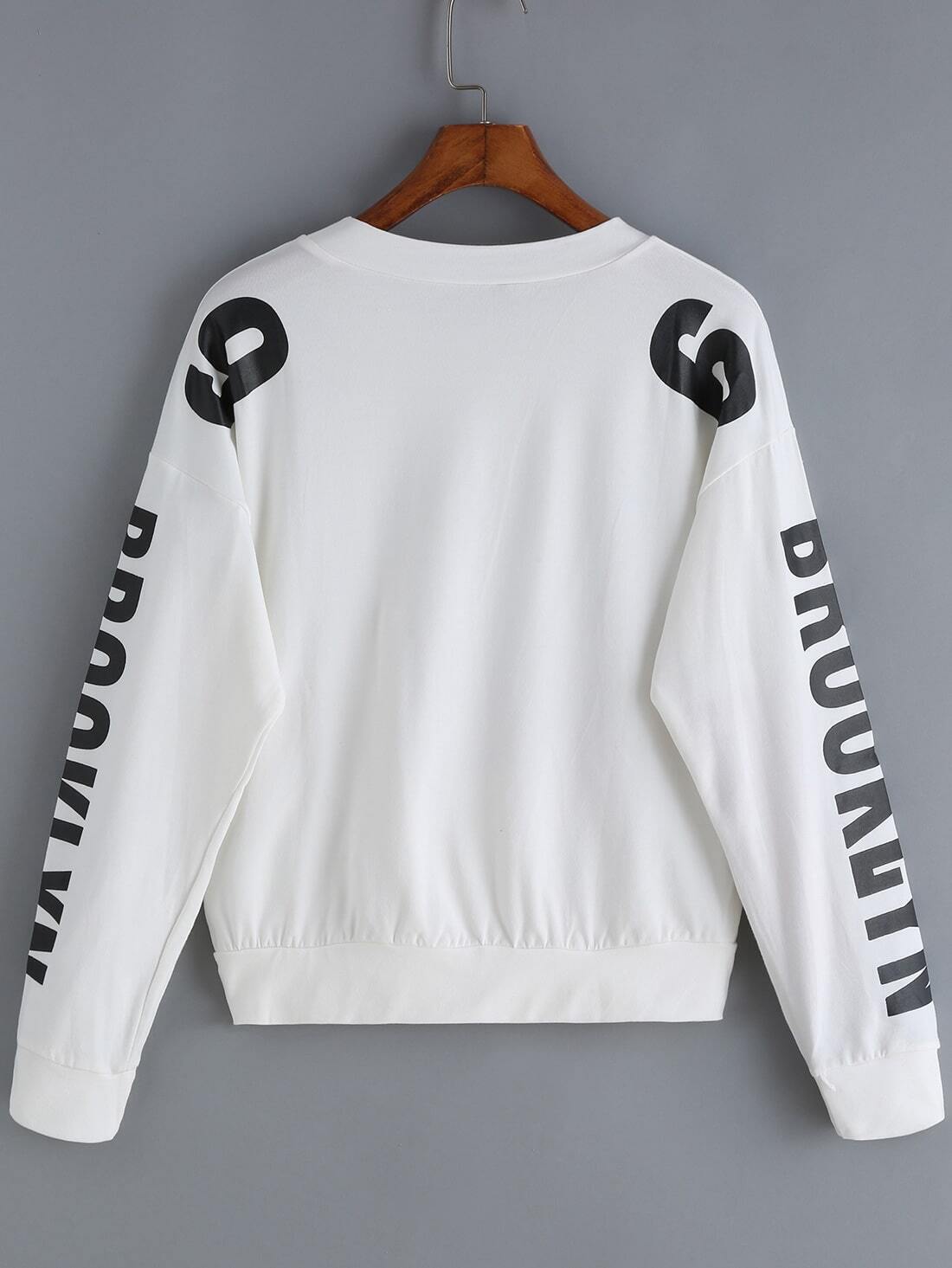 White Black Round Neck Letters Print Crop Sweatshirt Shein Sheinside