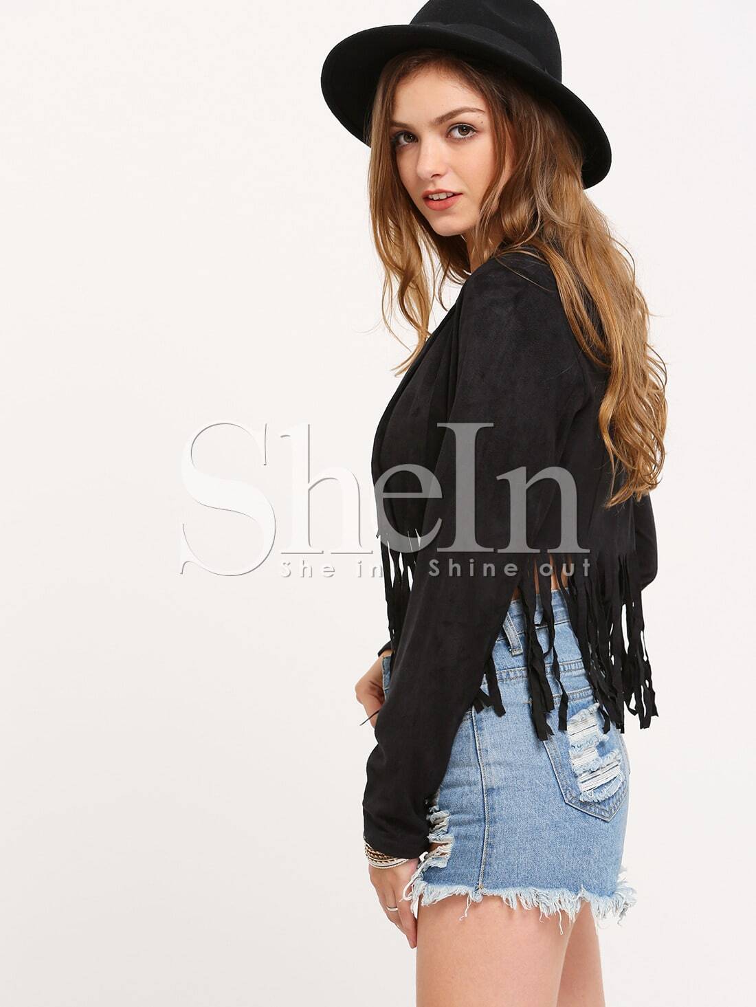 Black Long Sleeve Tassel Jacket Shein Sheinside