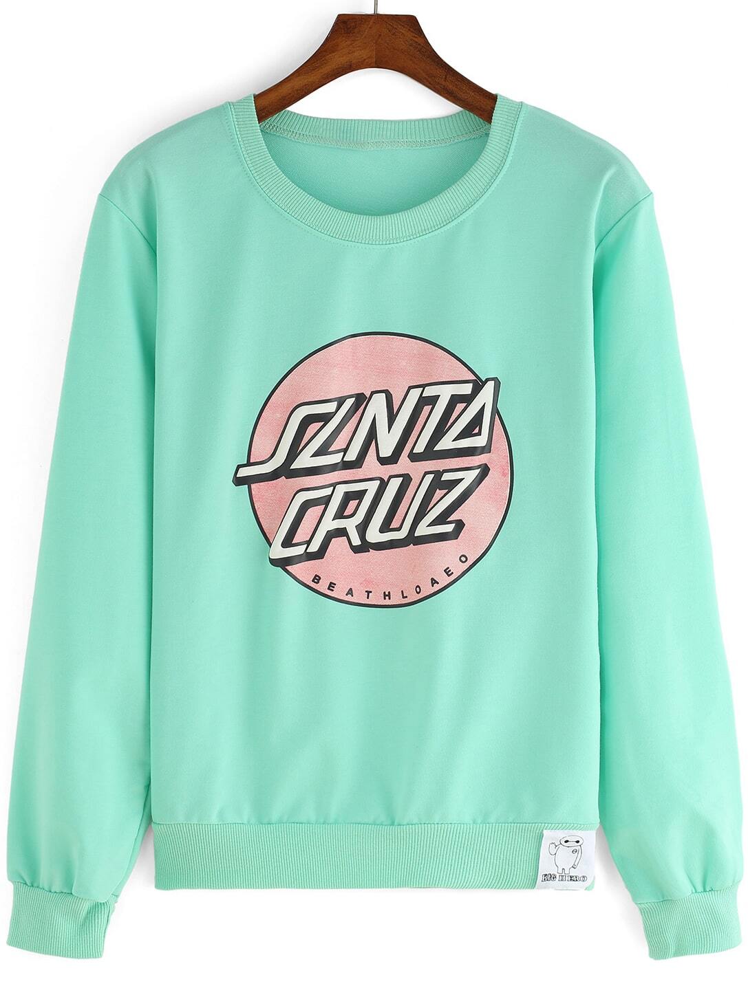 Green Round Neck Letters Print Sweatshirt Shein Sheinside