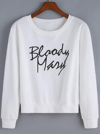 White Round Neck Letters Print Crop Sweatshirt Shein Sheinside
