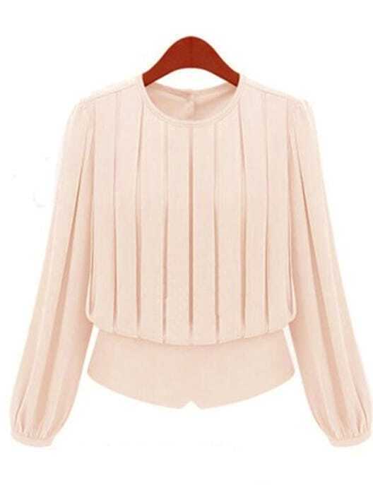 Pink Round Neck Pleated Chiffon Blouse Shein Sheinside