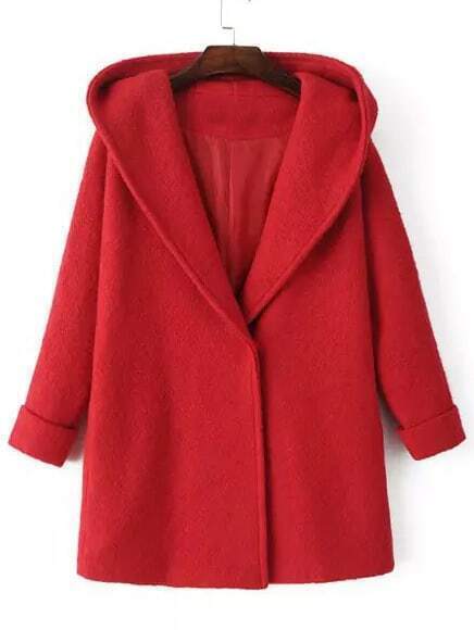 Red Hooded Long Sleeve Single Button Woolen Coat Shein Sheinside