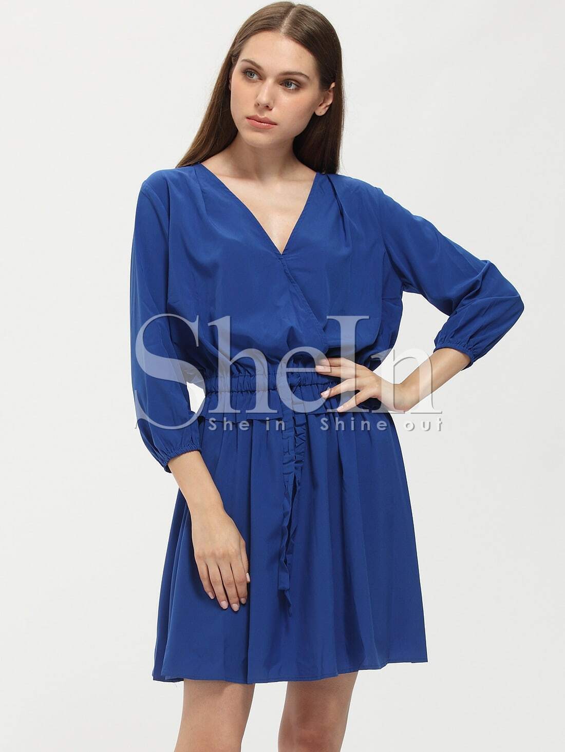 Blue Wrap Front Drawstring Waist Dress -shein(sheinside)