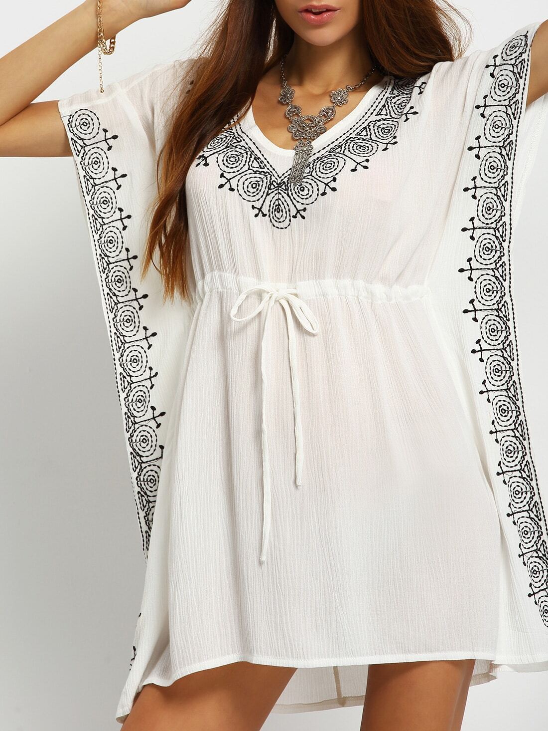 White Batwing Sleeve Drawstring Dress -shein(sheinside)