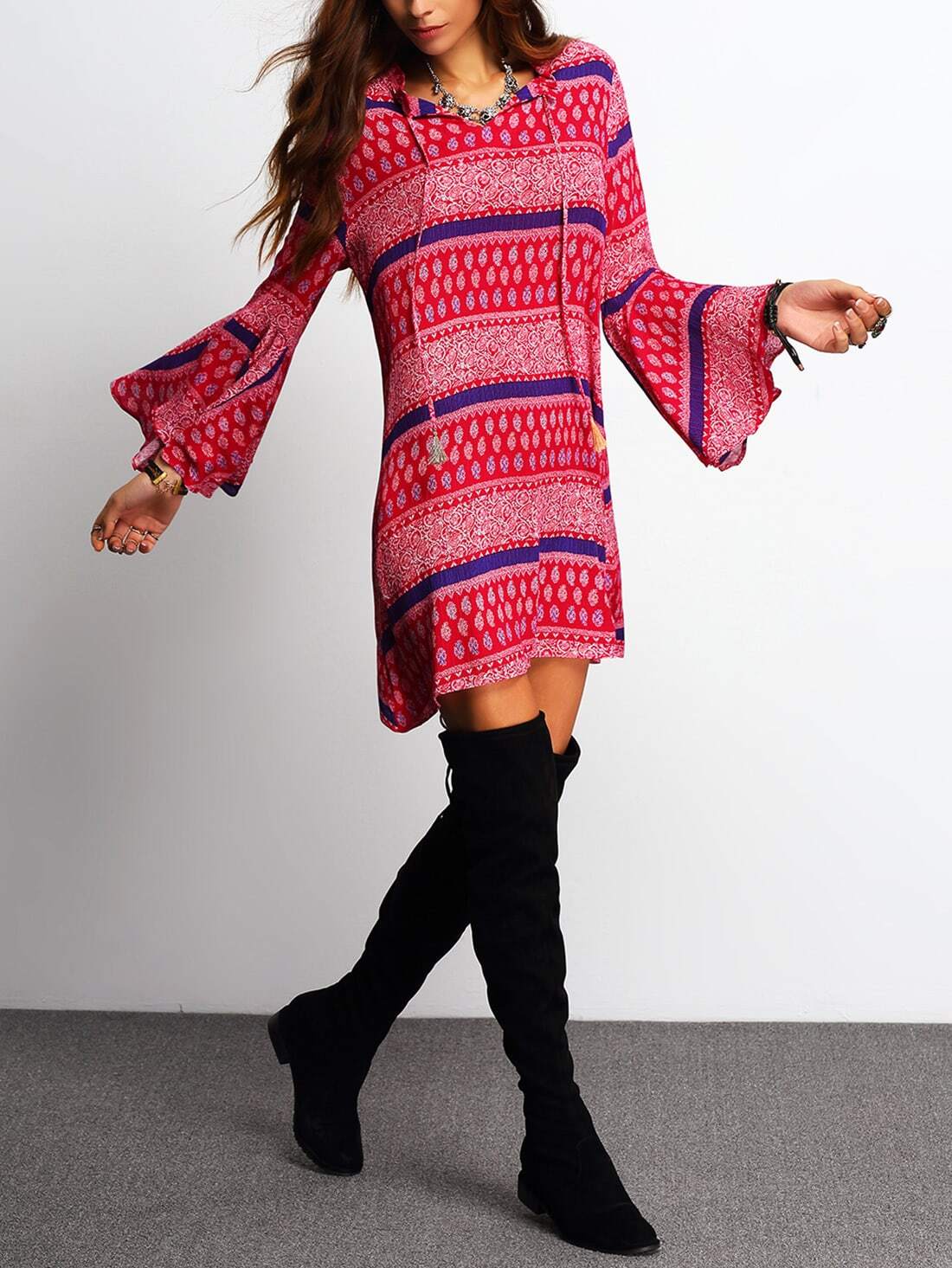 Bell Sleeve Tassel Vintage Print Dress Shein Sheinside