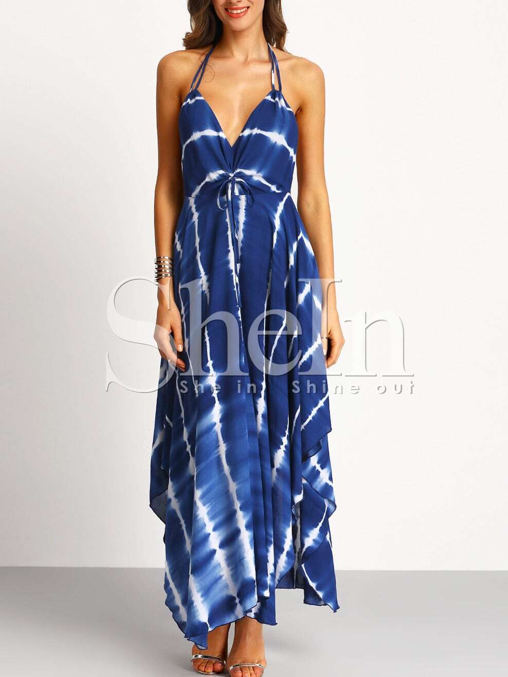 Blue Halter Neck Backless Asymmetric Hem Maxi Dress Sheinsheinside