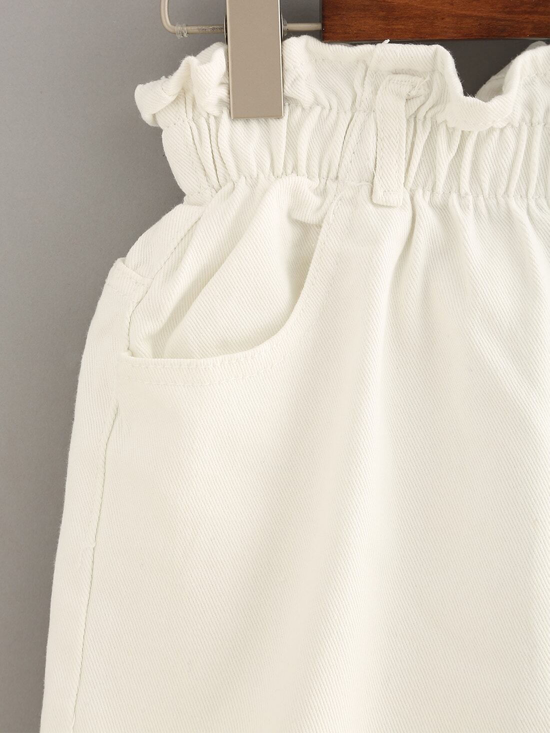 Ruffle Waist Rolled Hem White Denim Shorts Shein Sheinside