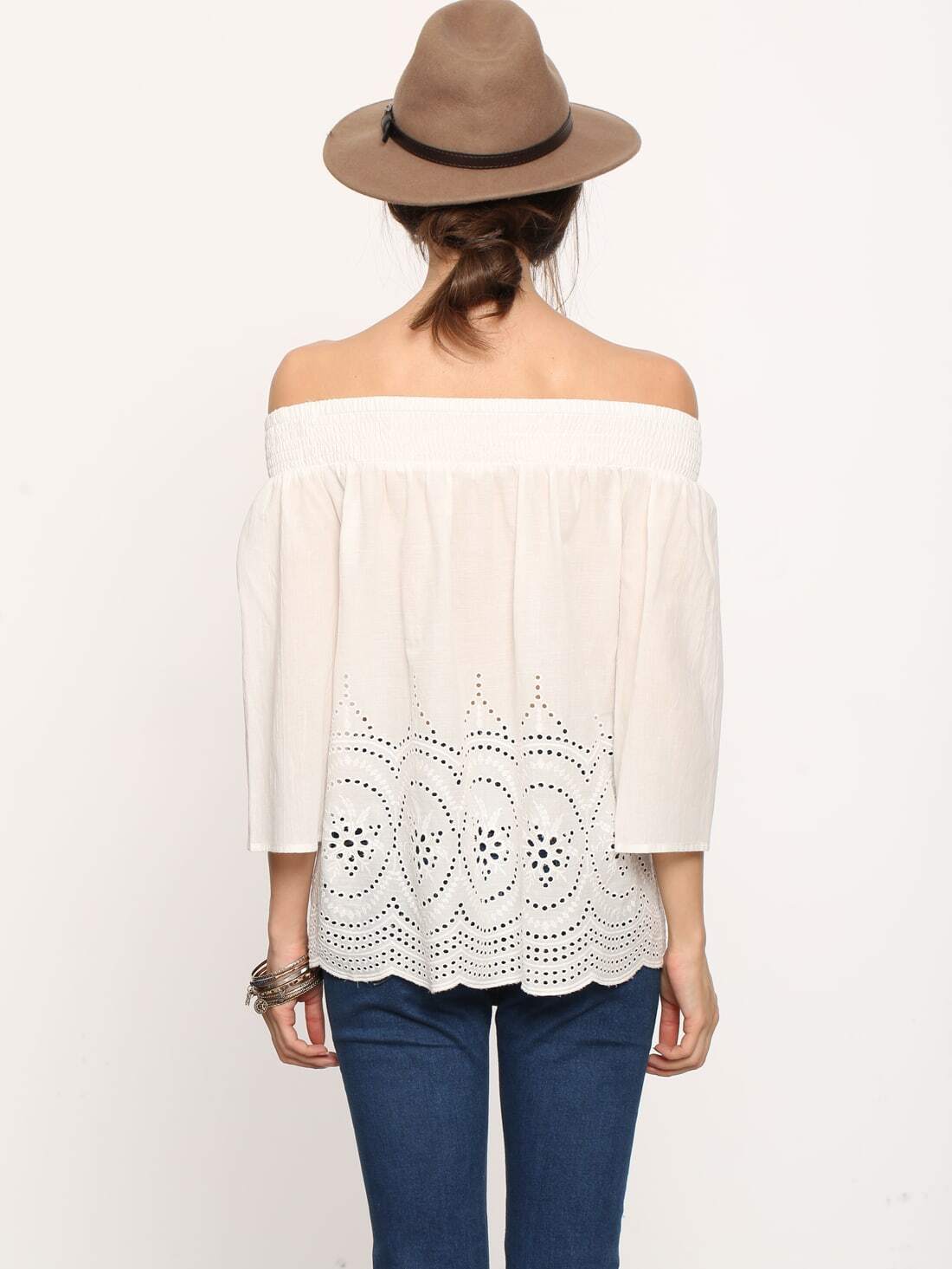 White Off The Shoulder Embroidery Blouse Shein Sheinside