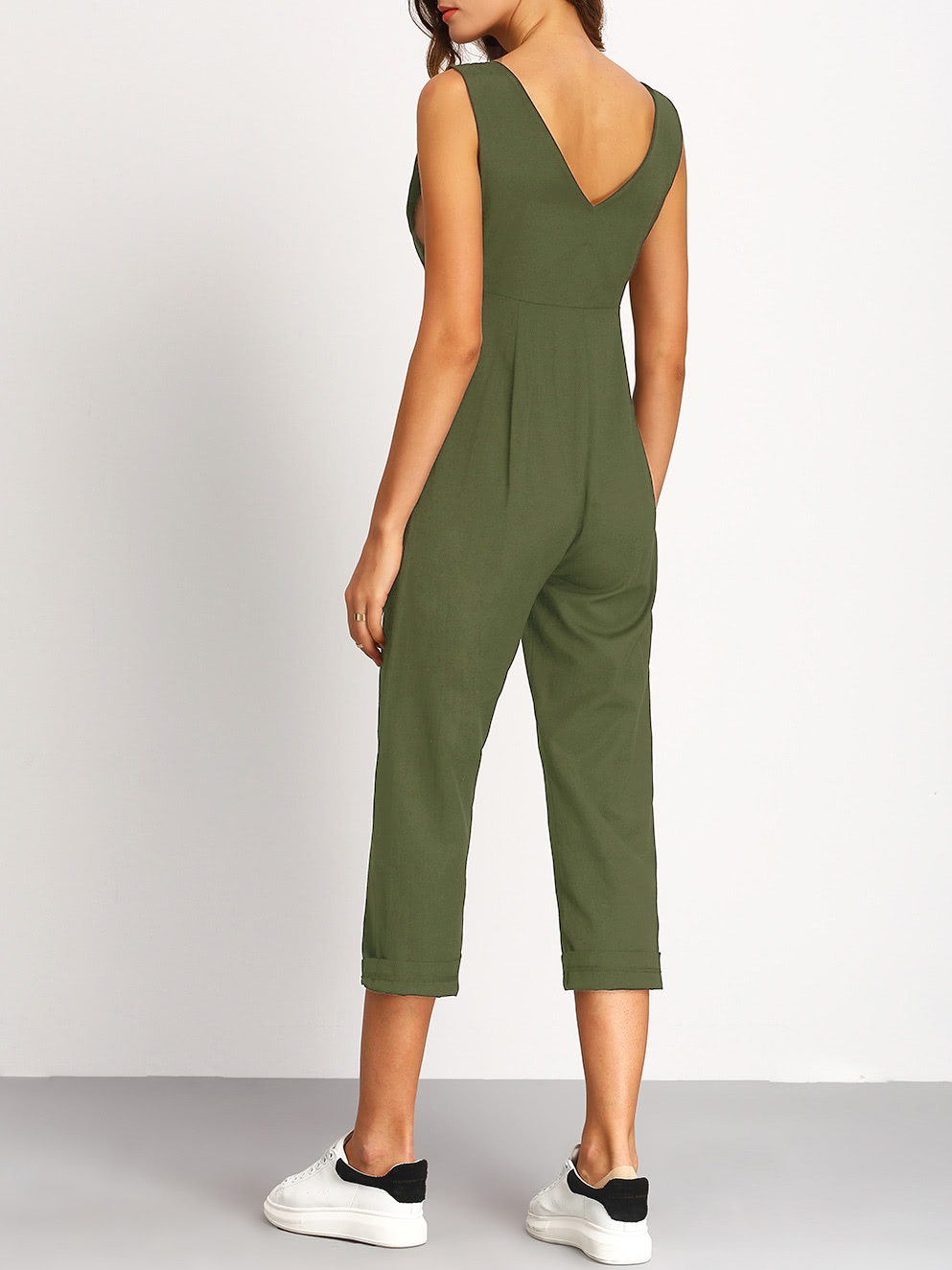 Green Deep V Neck Jumpsuit Shein Sheinside