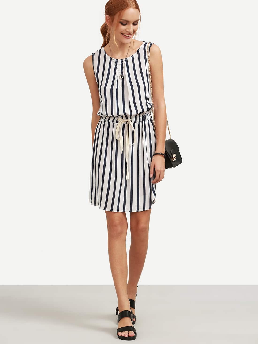 Black Striped Drawstring Waist Dress -shein(sheinside)