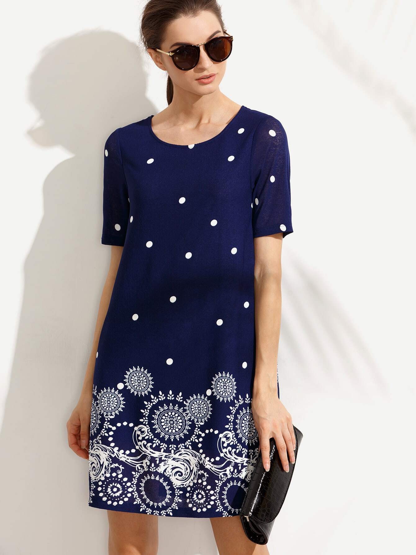 Navy Print Polka Dot Short Sleeve Dress Shein Sheinside