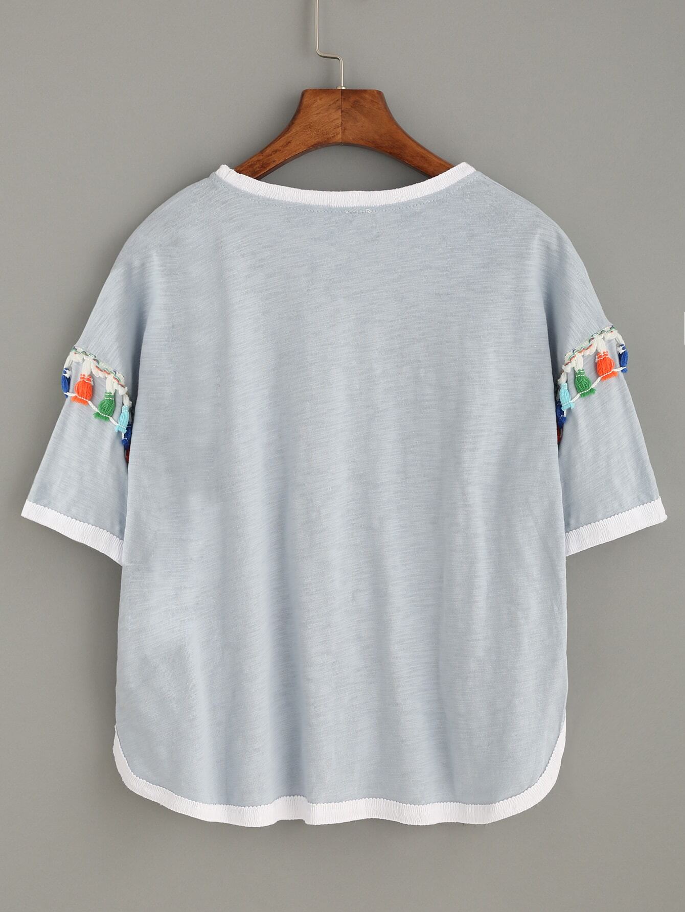 Grey Contrast Trim T Shirt With Tassel Detail Sheinsheinside