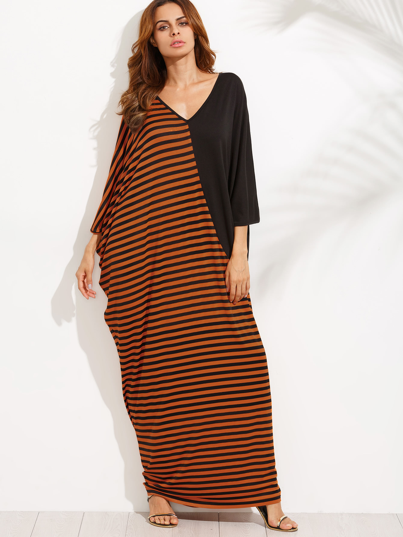 Double V Cut Color Block Dolman Sleeve Full Length Dress Shein Sheinside