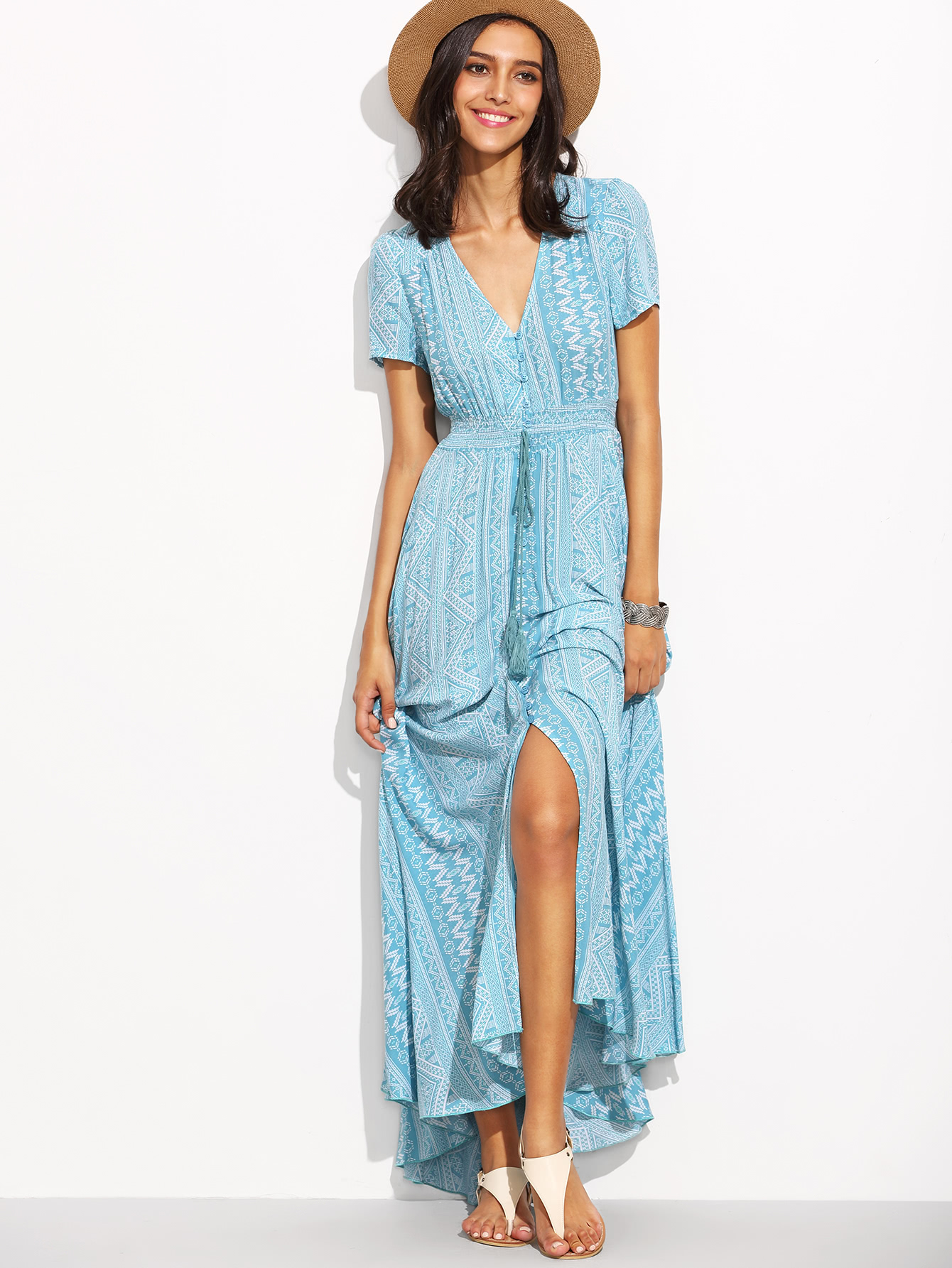 Geometric Print V Neck Drawstring Button Front Dress Shein Sheinside
