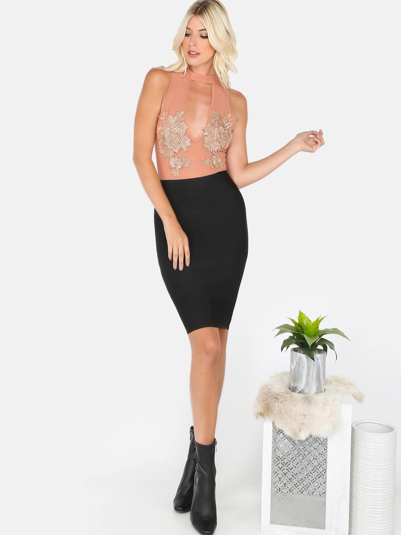Cutout Choker Embroidered Lace Applique Sheer Bodysuit Shein Sheinside