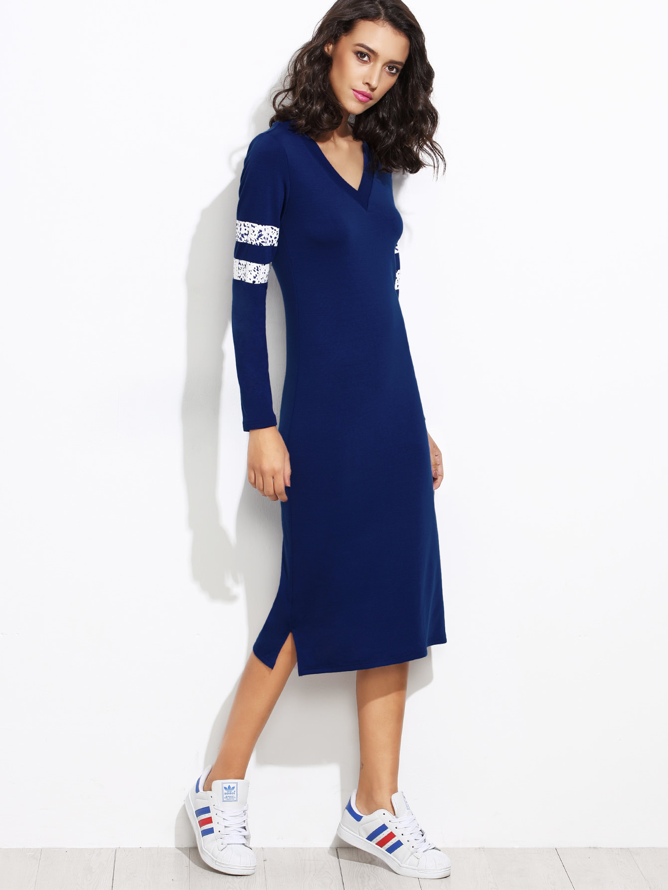 V Cut Varsity Striped Jersey Sheath Dress Shein Sheinside