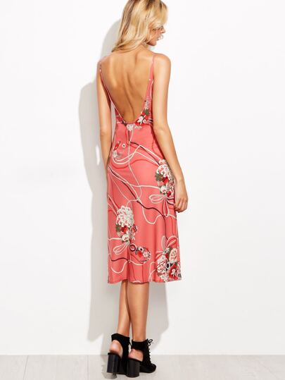 Red Spaghetti Strap Flower Print Backless Dress Shein Sheinside