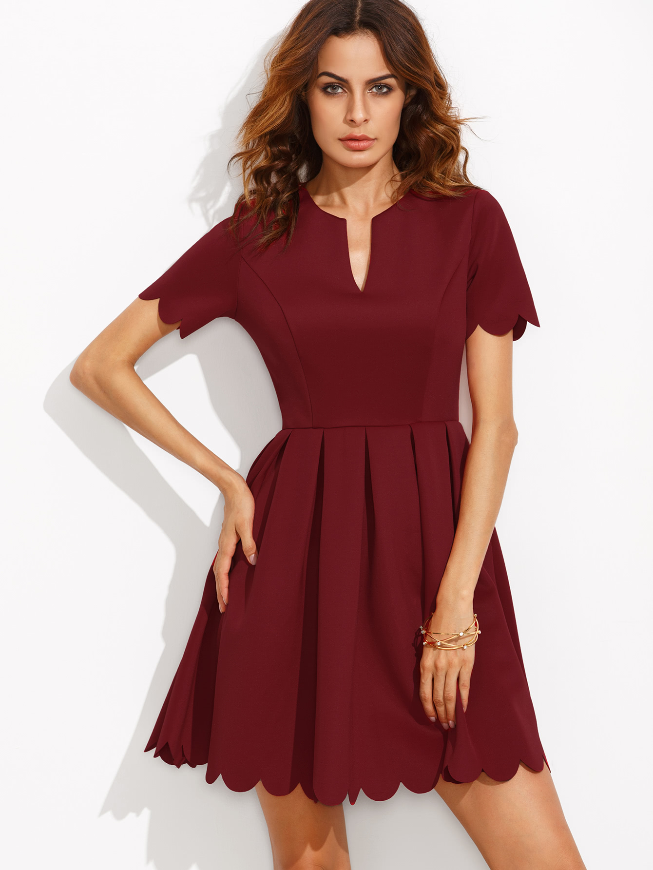 V Cut Neck Scalloped Hem Fit And Flare Dress Shein Sheinside