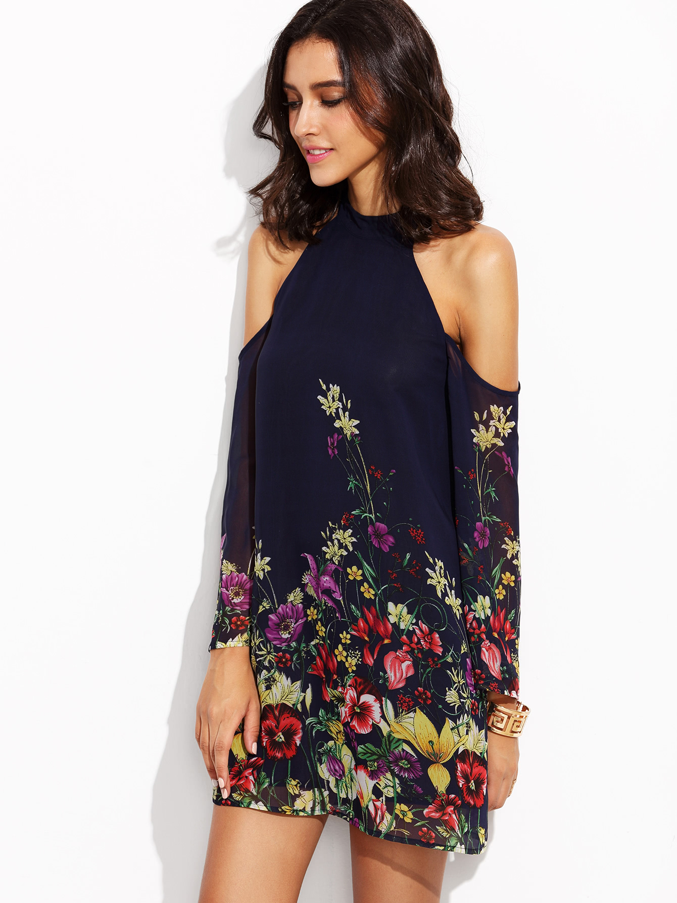 Flower Print Keyhole Halter Neck Cold Shoulder Dress Shein Sheinside