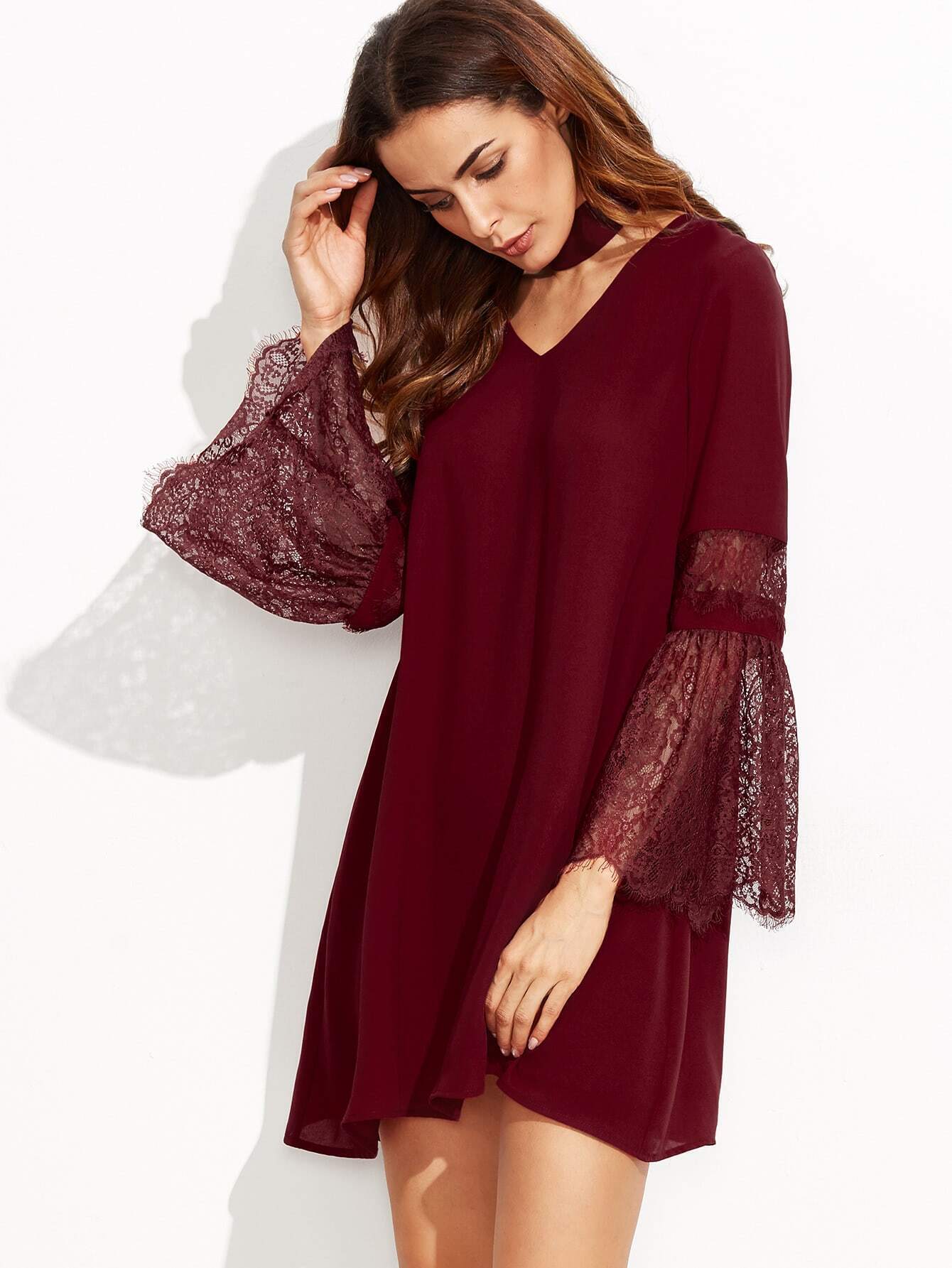 Kleid Spitzen Ärmel Mit Choker German Shein Sheinside