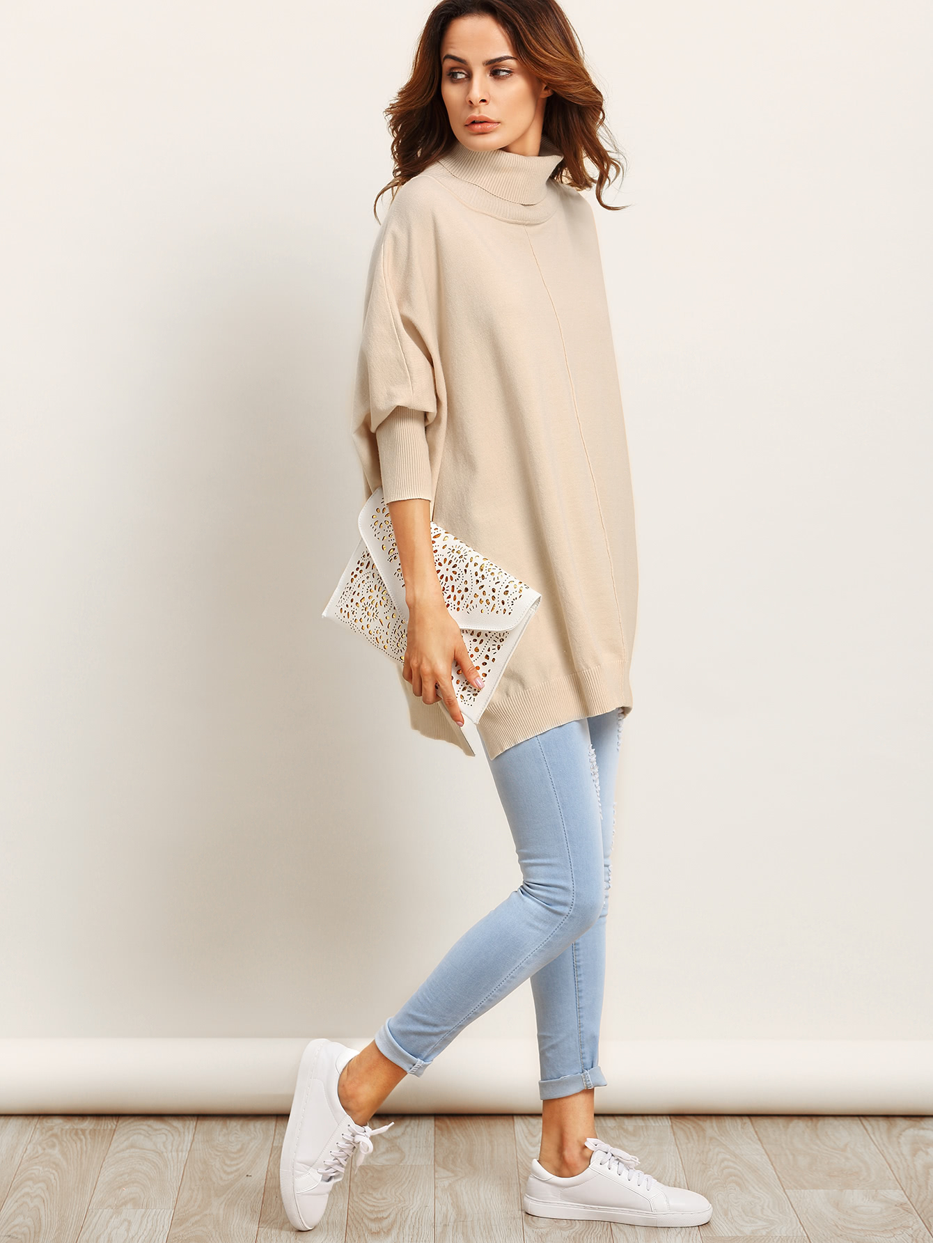 Apricot Turtleneck Slit Side Batwing Sweater Shein Sheinside
