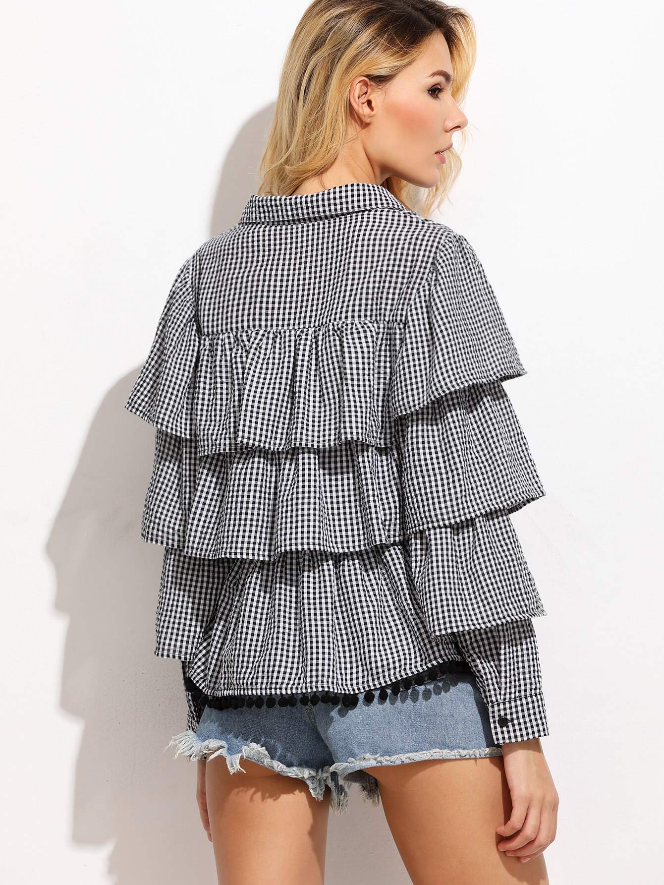 Gingham Layered Flounce Blouse Shein Sheinside