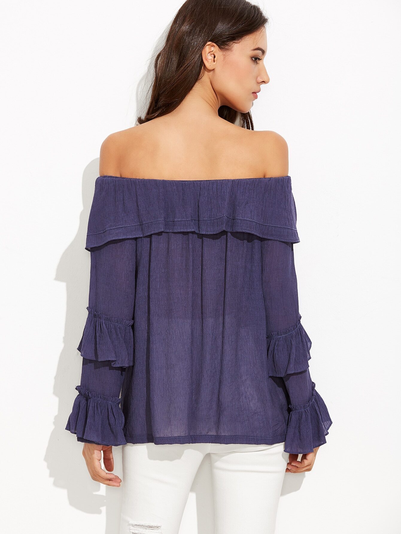 Navy Off The Shoulder Ruffle Trim Top Shein Sheinside
