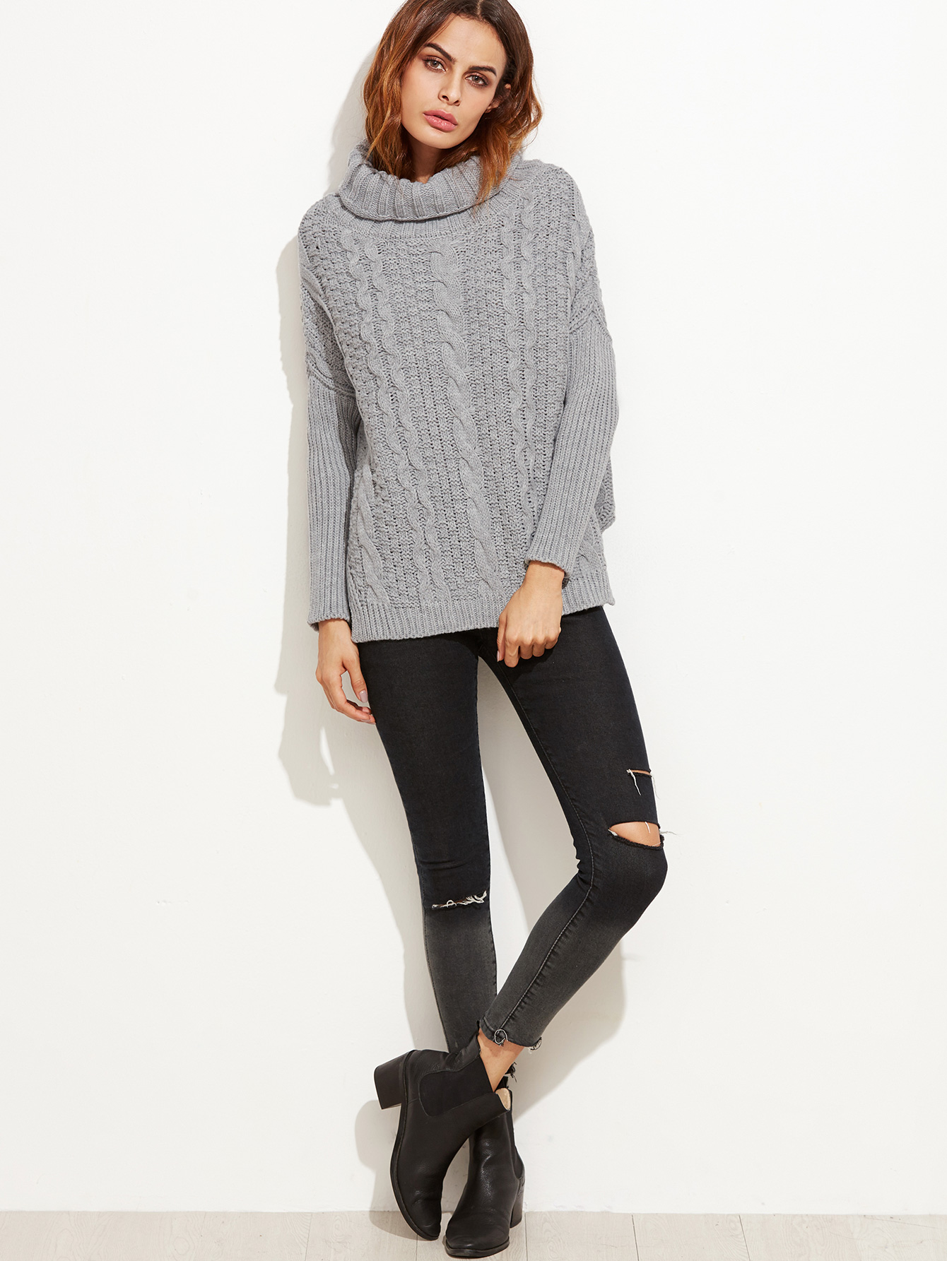 Grey Cable Knit Turtleneck High Low Sweater Shein Sheinside