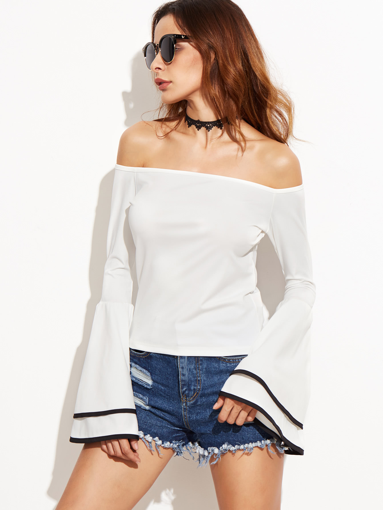 Contrast Binding Bell Sleeve Bardot Top Shein Sheinside