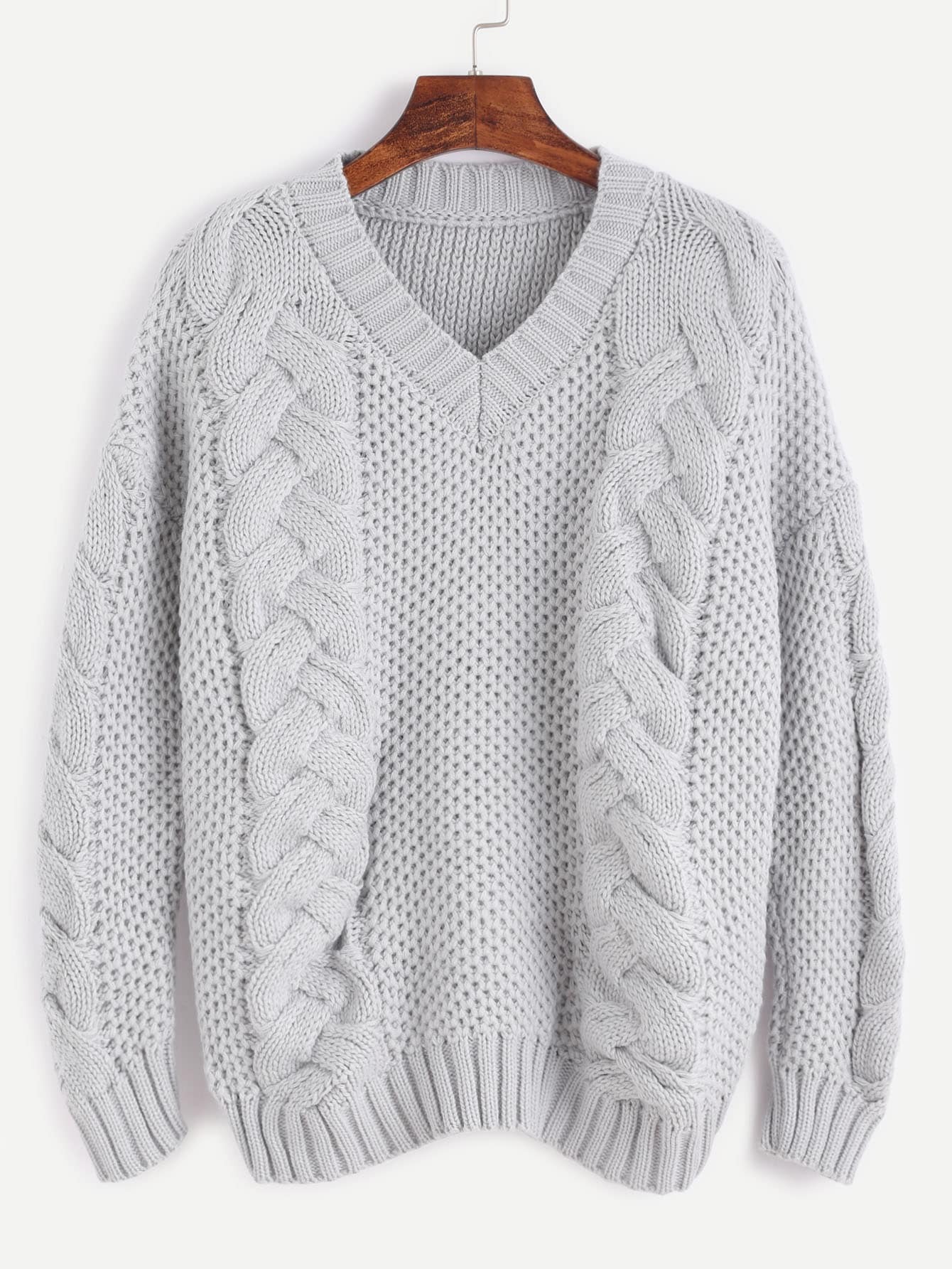 Grey V Neck Cable Knit Sweater Shein Sheinside