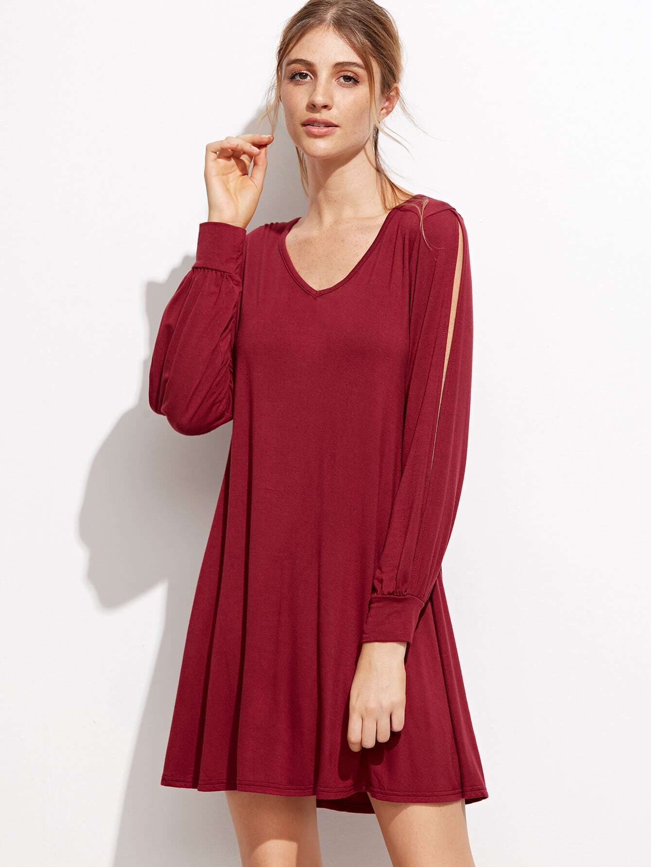 Vestido Escote V Con Abertura En Manga Borgoña Spanish Shein Sheinside