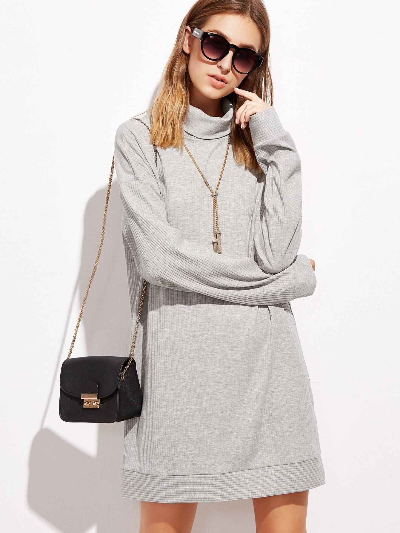 Heather Grey Turtleneck Drop Shoulder Ribbed Sweatshirt Dress Shein